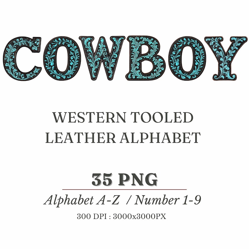 Western Tooled Leather Alphabet Clipart: Cowboy Floral Letters (PNG ...