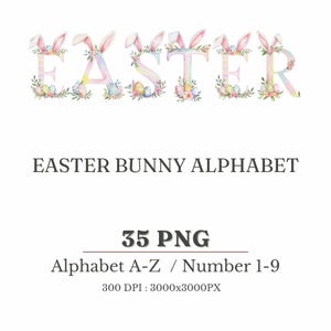 Easter Bunny Alphabet Clipart A-Z & Numbers 1-9, Pastel Watercolor ...