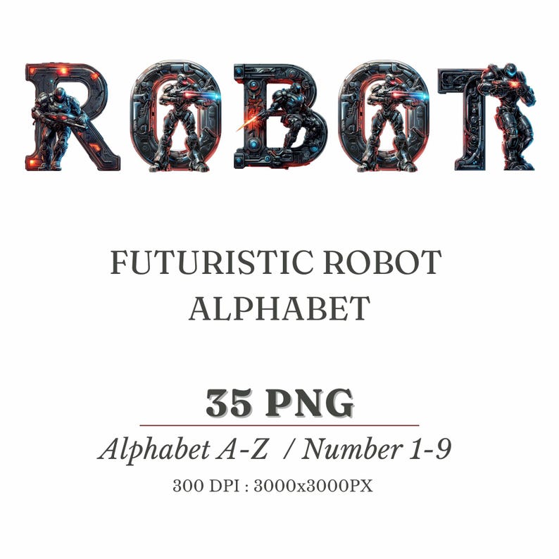 Futuristic Robot Alphabet Clipart: Tech-inspired Letters, Numbers ...