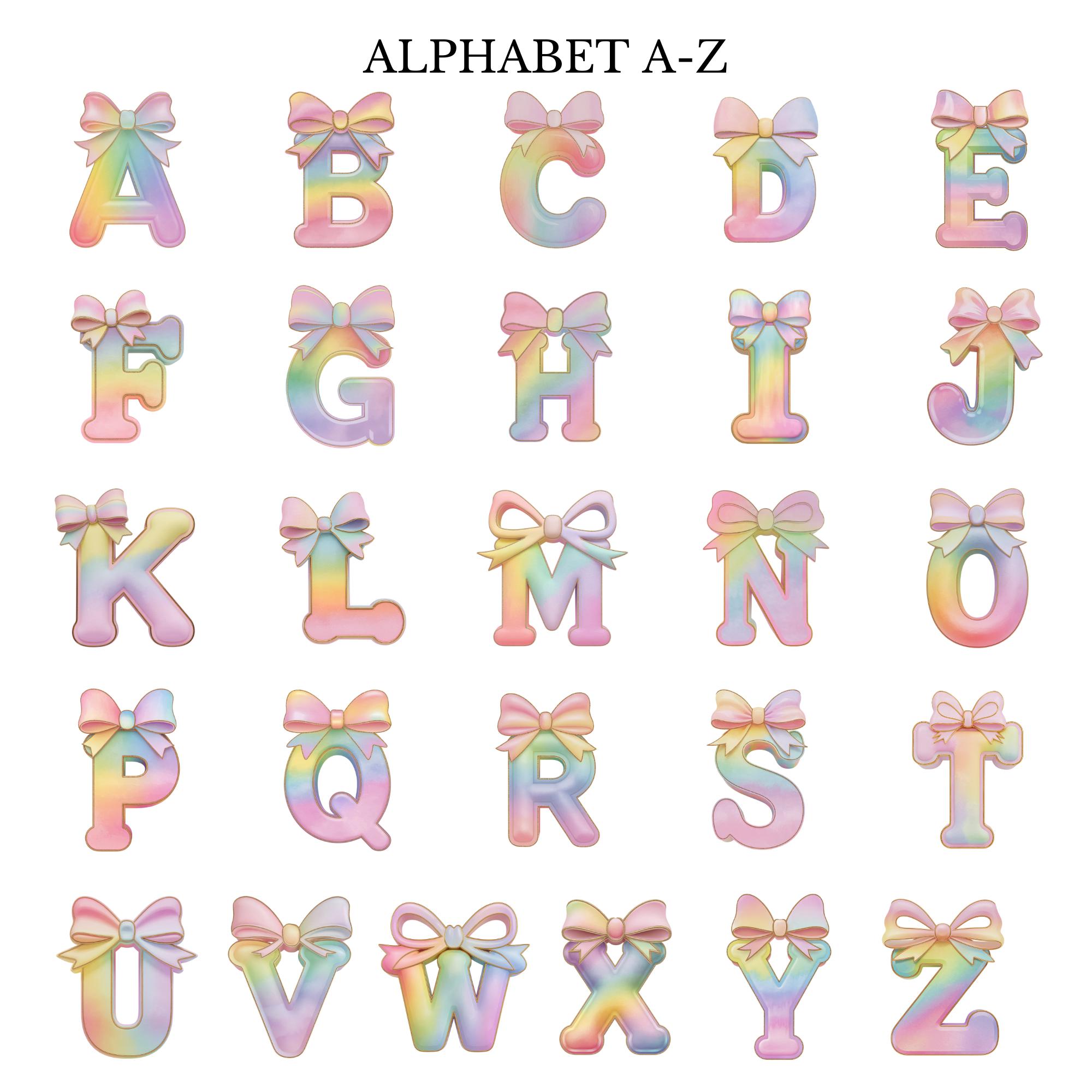 Pastel Rainbow Alphabet Clipart: Bows & Gold Trim (PNG Digital Download ...