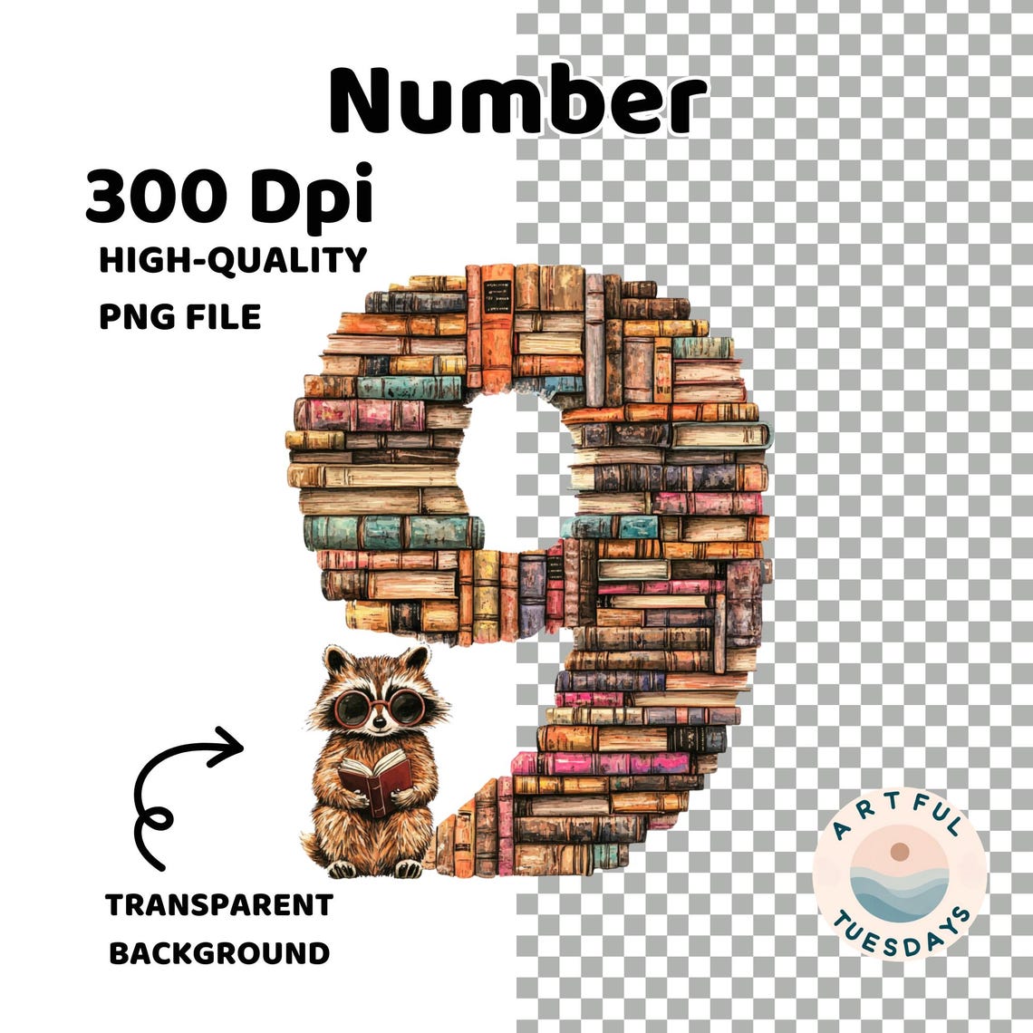 Vintage Bookshelf Alphabet Clipart A-Z & Numbers 1-9, Nerdy Raccoon ...