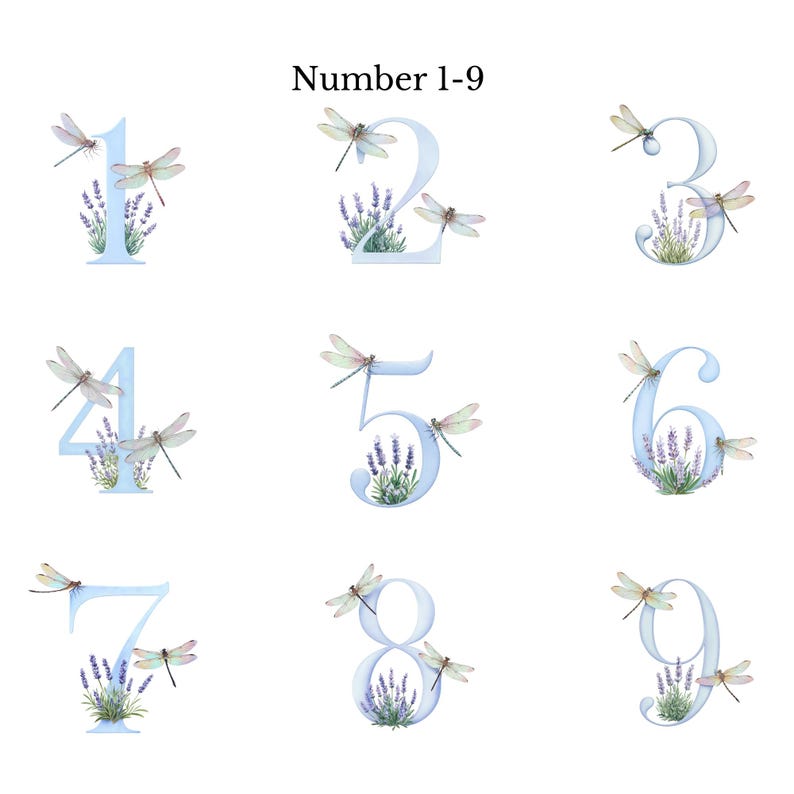 Dragonfly Alphabet Letters A-Z & Numbers 1-9 Clipart, Lavender Floral ...