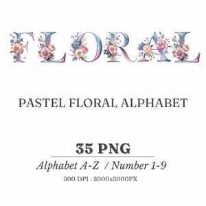 Pastel Floral Alphabet Letters A-Z Numbers 1-9 Clip Art - 300 DPI PNG ...