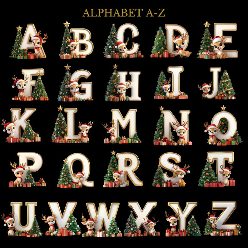 Christmas Reindeer Alphabet Clipart: A-Z Letters, 0-9 Numbers (PNG ...