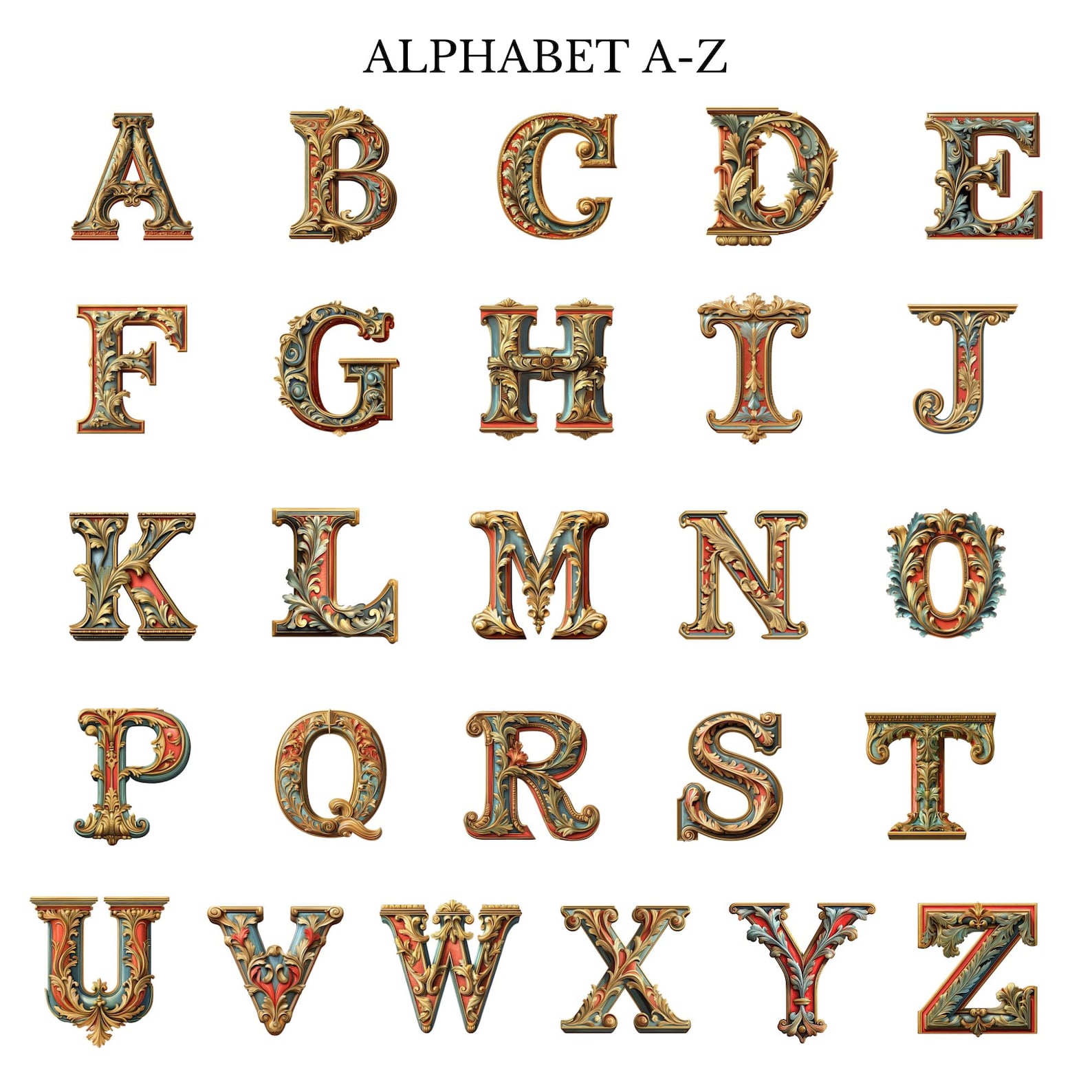Baroque Gold Alphabet Clipart: Vintage Ornamental Letters, Numbers (PNG ...