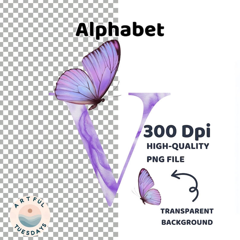 Purple Butterfly Alphabet Clipart: Watercolor Letters & Numbers ...