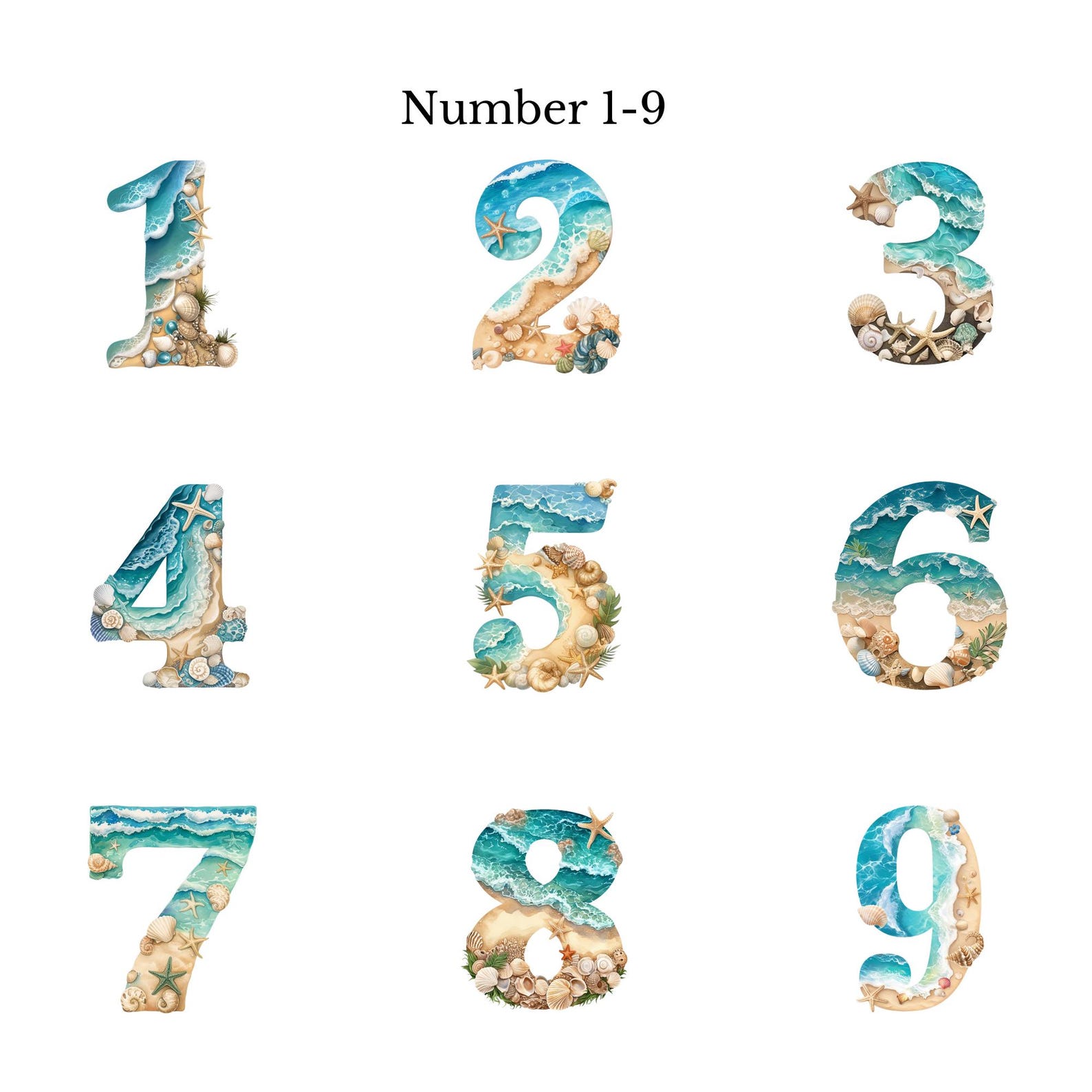 Beach Alphabet Clip Art: Seashell Ocean Letters, Coastal Numbers (PNG ...