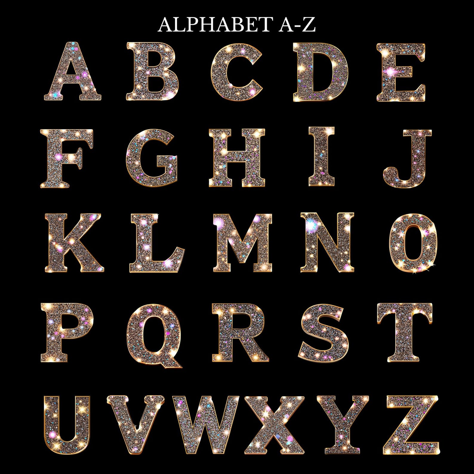 Glittering Alphabet A-Z & Numbers 1-9 Clip Art, Sparkling Glitter Font ...