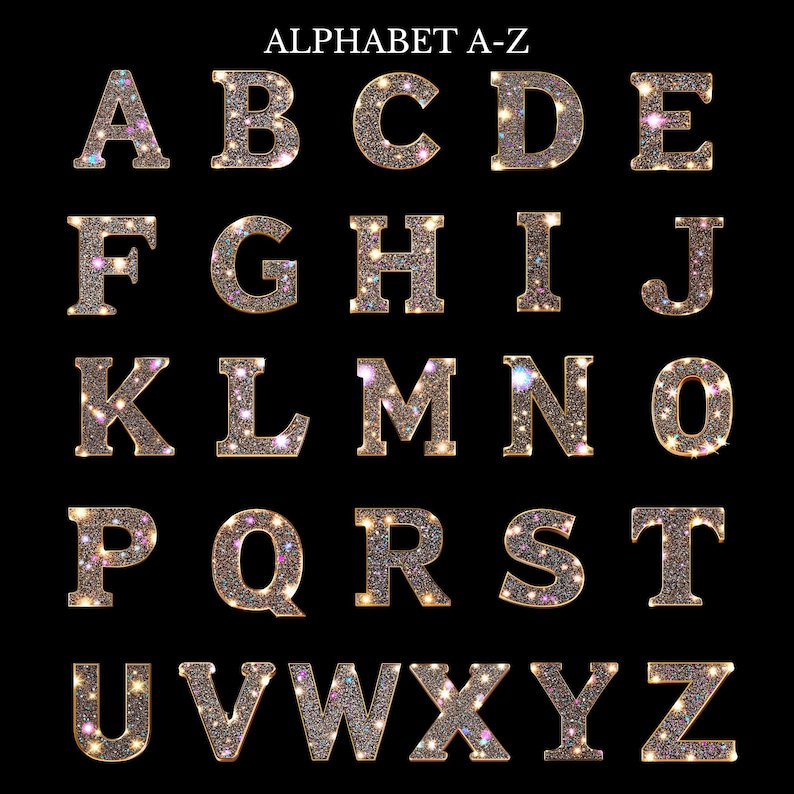 Glitter Alphabet Clip Art: Gold Edged Letters & Numbers (PNG Digital ...