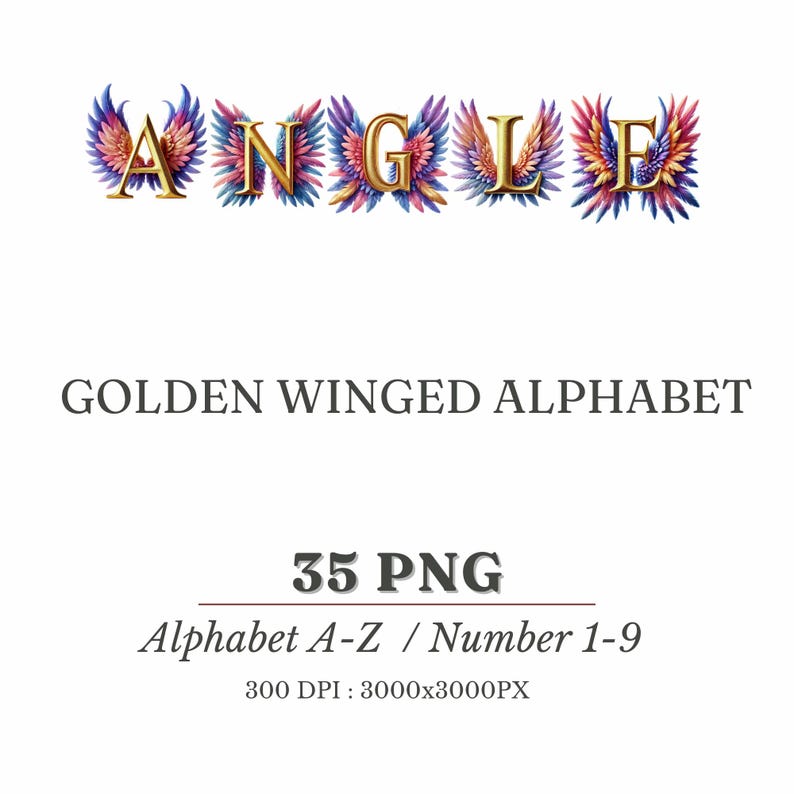 Golden Winged Alphabet Letters & Numbers Clipart, A-Z 1-9, 300 DPI PNG ...