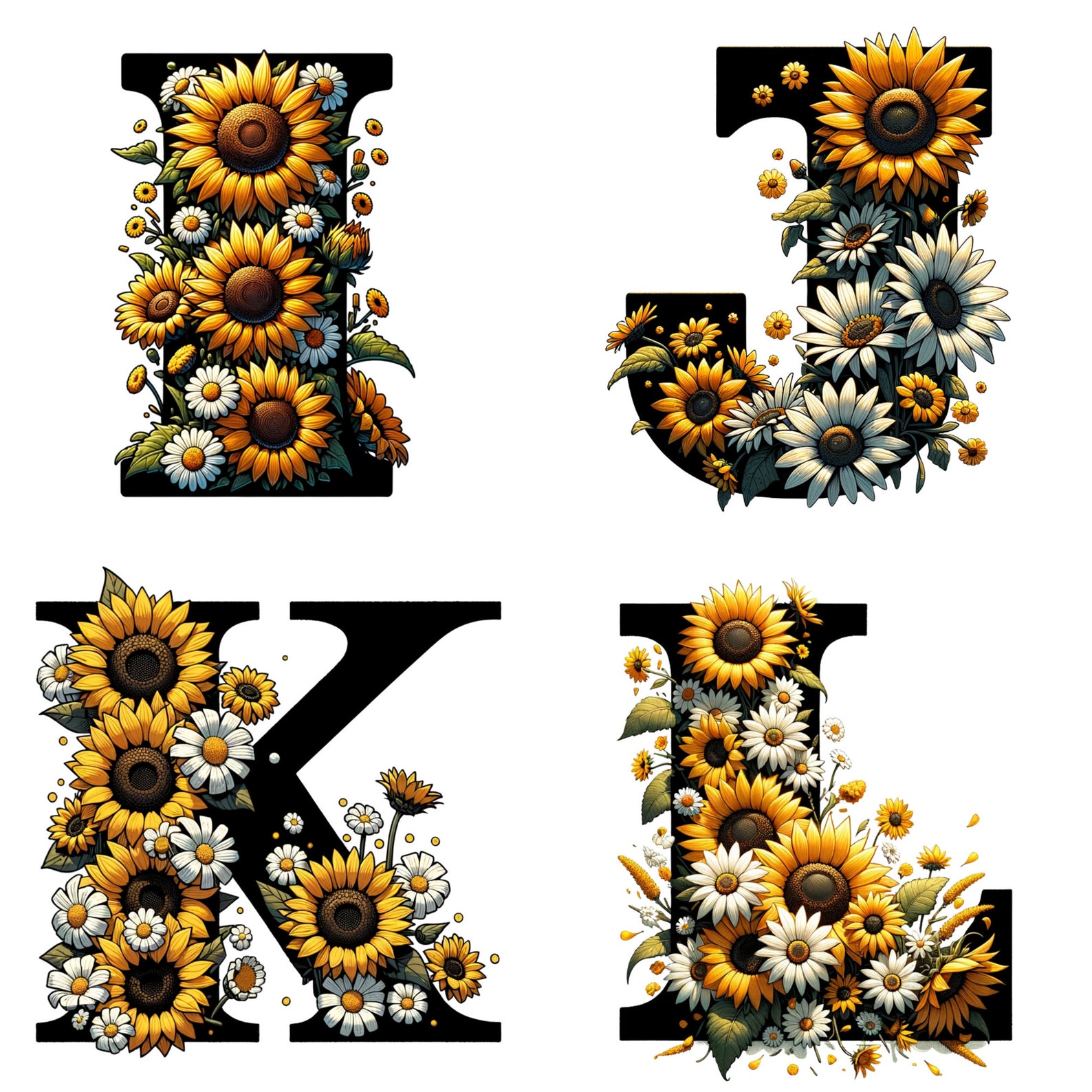 Sunflower & Daisy Alphabet and Numbers PNG Set With Commercial License ...