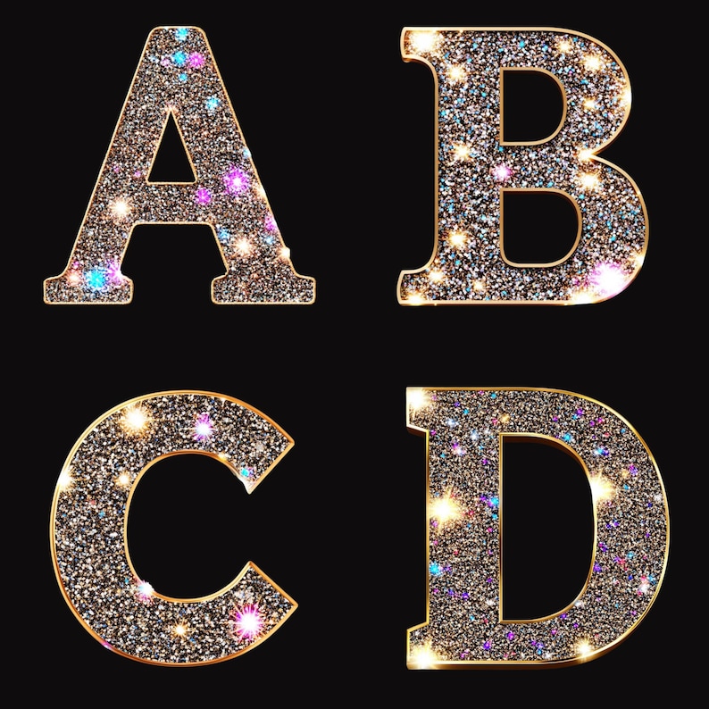 Glittering Alphabet A-Z & Numbers 1-9 Clip Art, Sparkling Glitter Font ...