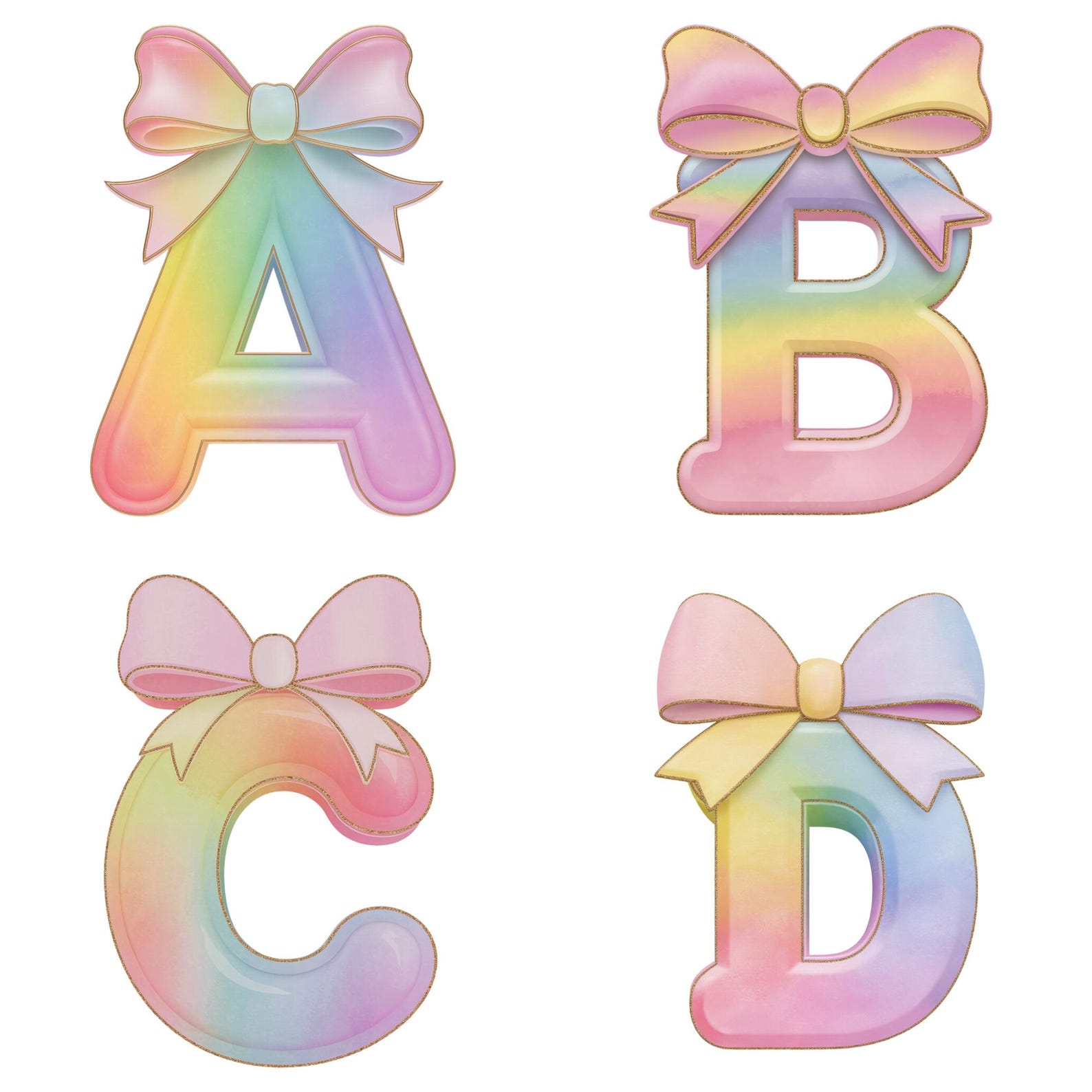 Pastel Rainbow Alphabet Clipart: Bows & Gold Trim (PNG Digital Download ...