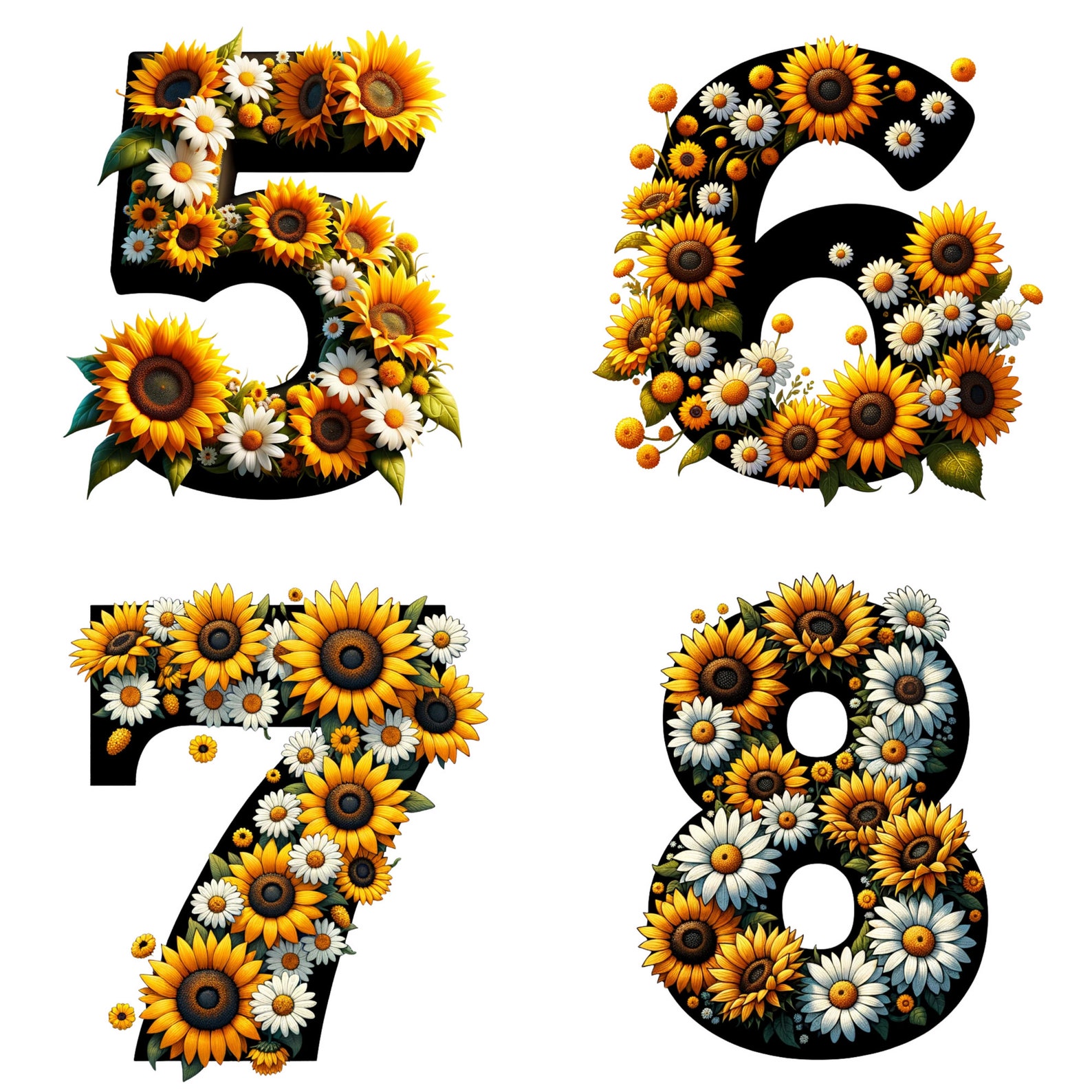 Sunflower & Daisy Alphabet and Numbers PNG Set With Commercial License ...