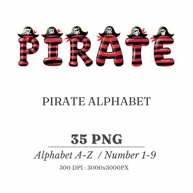Pirate Alphabet Clip Art: 3D Cartoon Letters & Numbers (PNG Digital ...