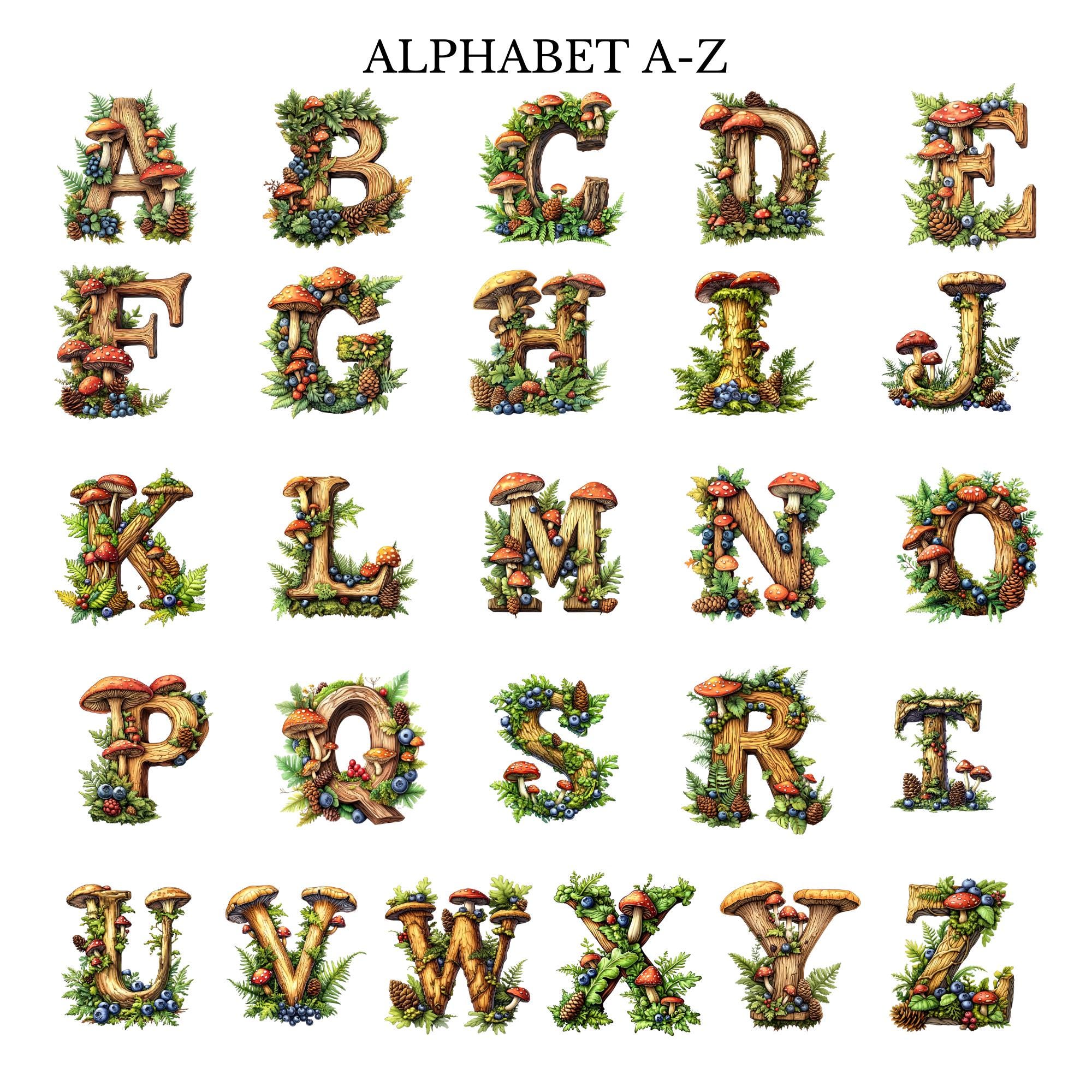 Forest Themed Alphabet A-Z Numbers 1-9 Clip Art, 3D Monogram Letter ...