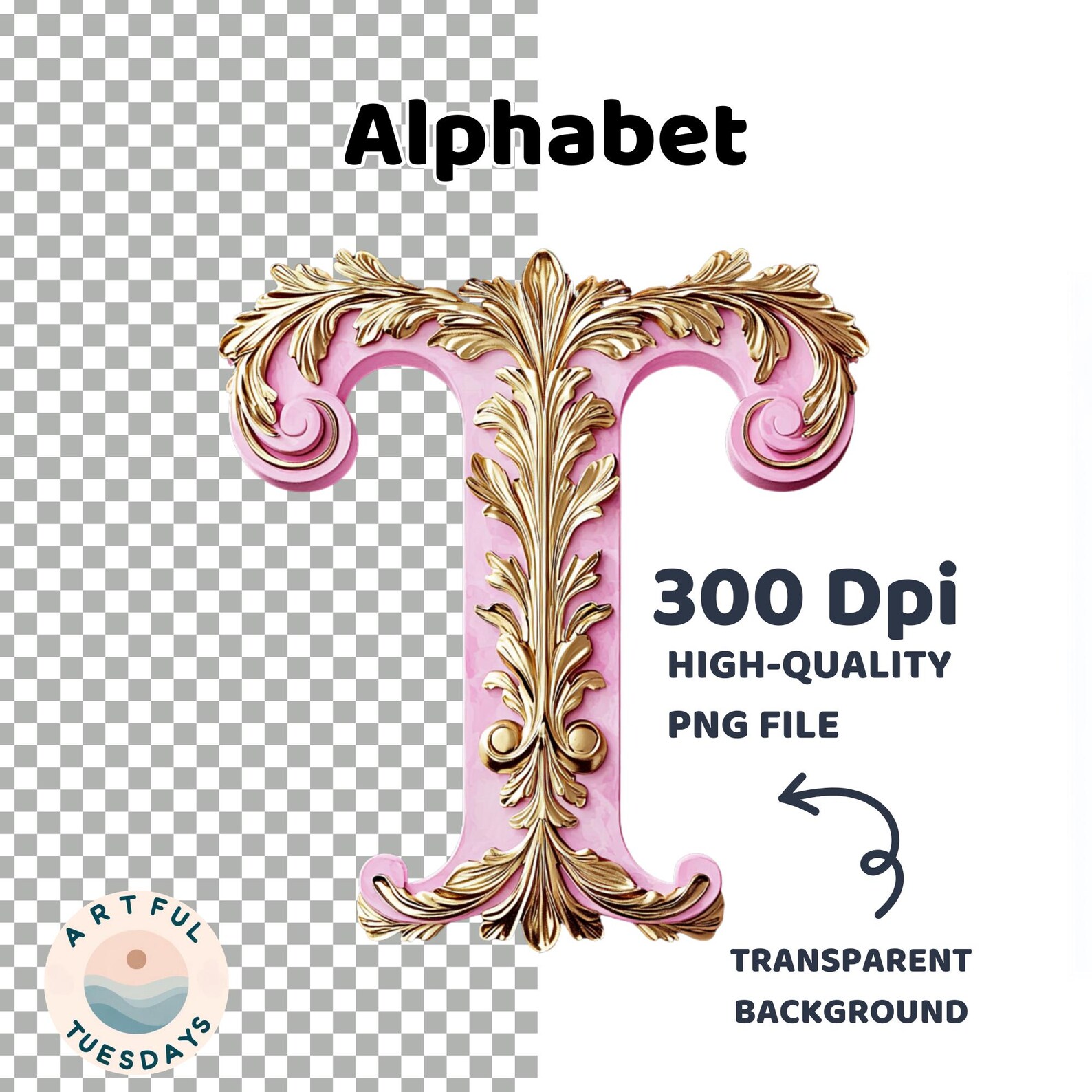 Baroque Pink & Gold Alphabet Clipart: Ornate 3D Letters (PNG Digital ...