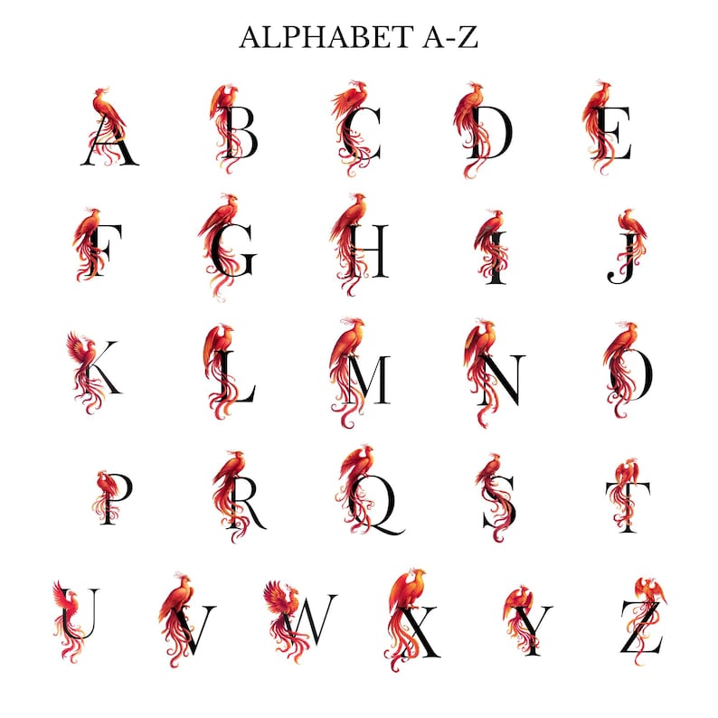 Phoenix Alphabet Clipart: Watercolor Firebird Letters & Numbers ...