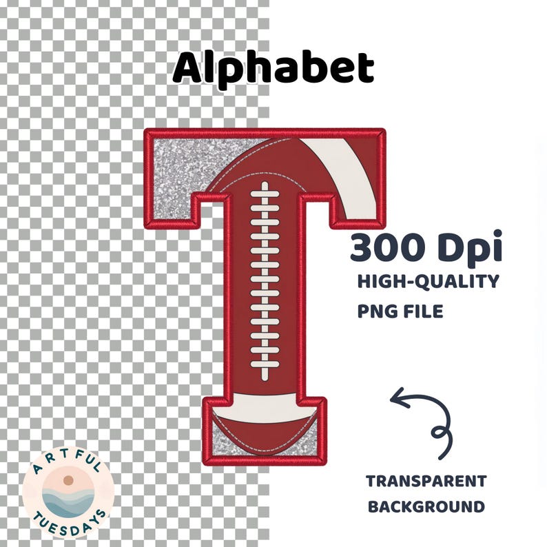 Red Football Alphabet Clipart: Glitter Patch Letters, Numbers (PNG ...