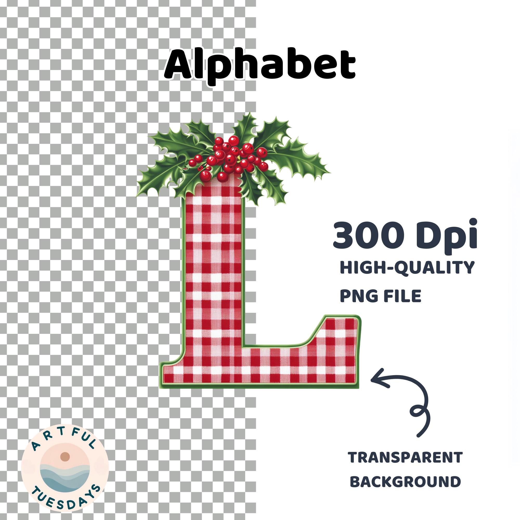 Red Plaid Alphabet Clipart With Holly Leaves A-Z Letters, 0-9 Numbers ...