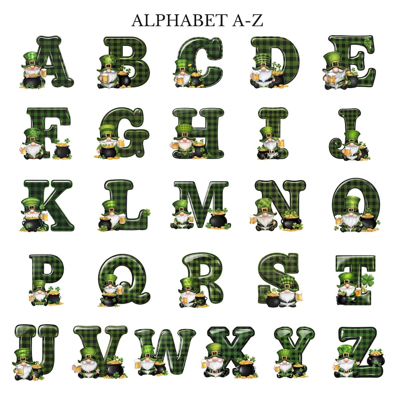 St. Patrick's Day Alphabet & Numbers Clipart - Green Plaid Gnome ...