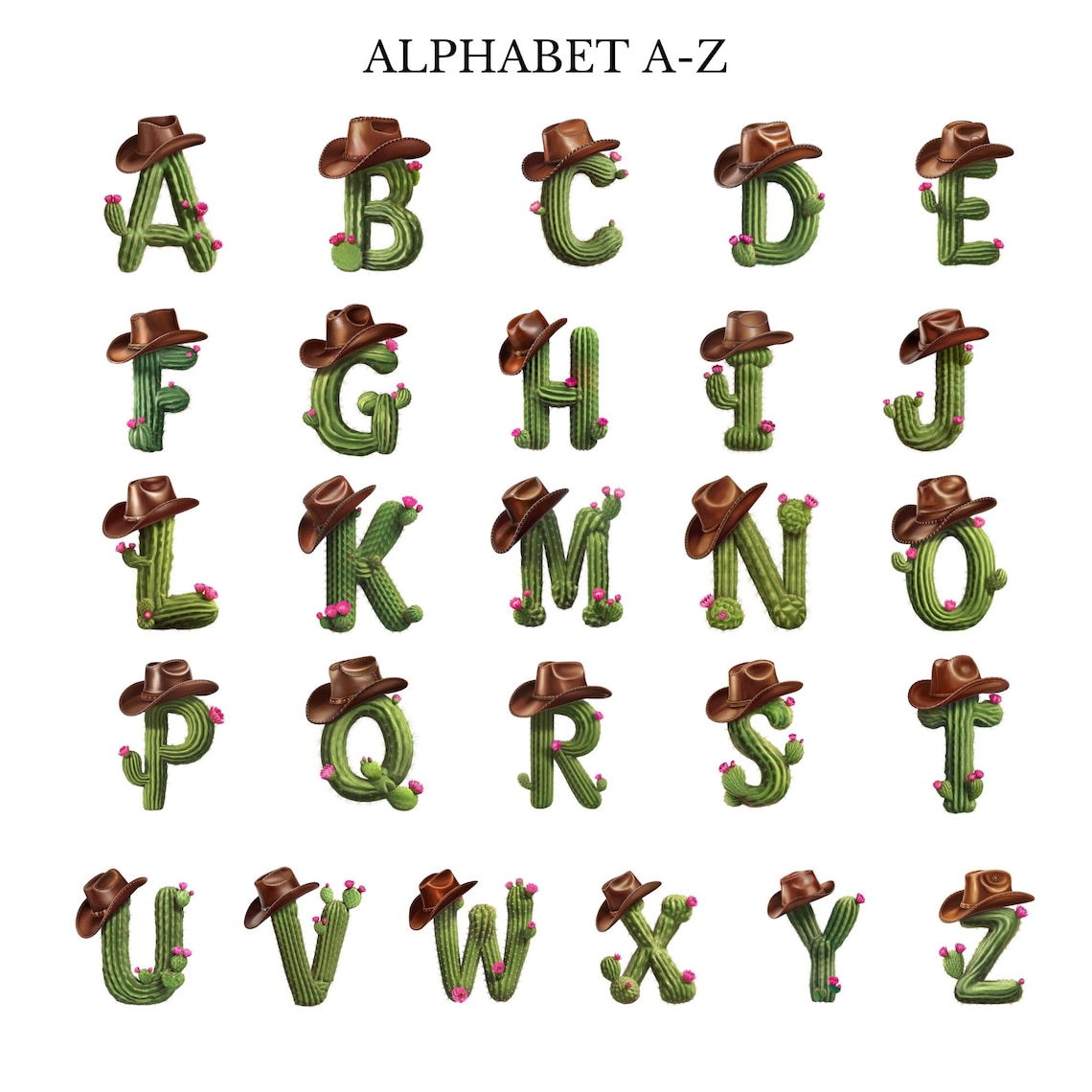 Cactus Cowboy Alphabet Clip Art A-Z & 0-9 | Western Theme PNG | 300 DPI ...