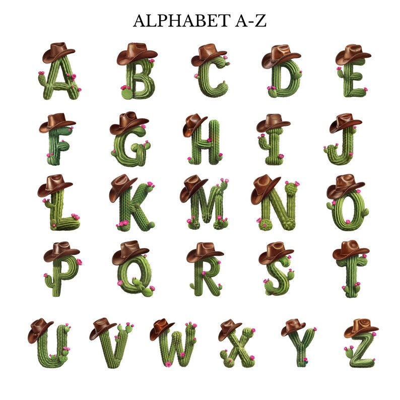 Cactus Cowboy Alphabet Clip Art A-Z & 0-9 | Western Theme PNG | 300 DPI ...