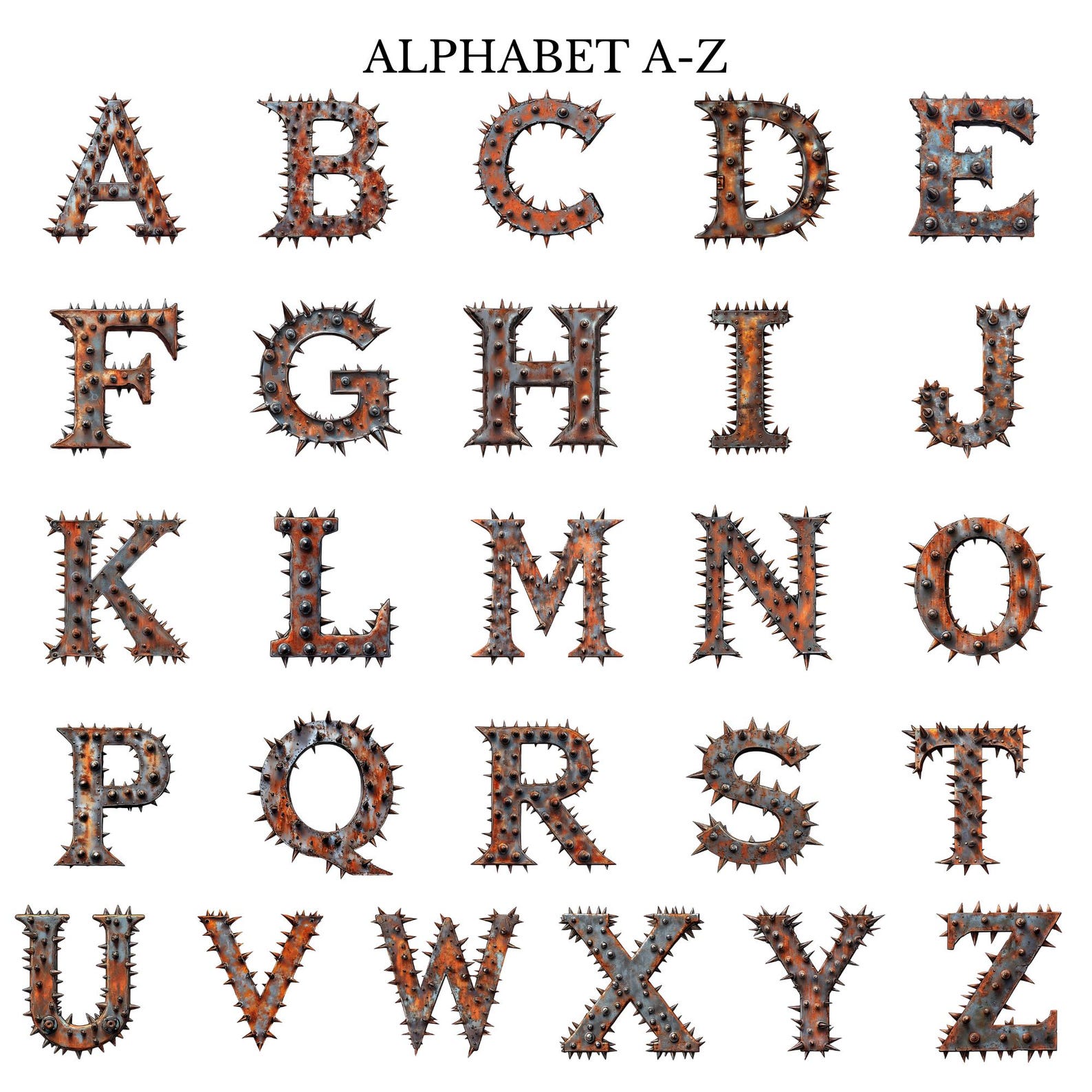 Rusty Spiked Metal Font: Grunge Industrial Alphabet PNG (digital ...