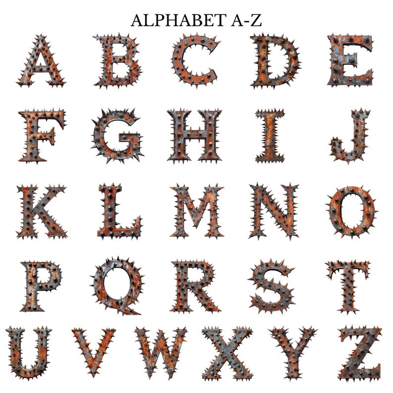 Rusty Spiked Metal Alphabet A-Z & Numbers 1-9 PNG, Industrial Grunge ...