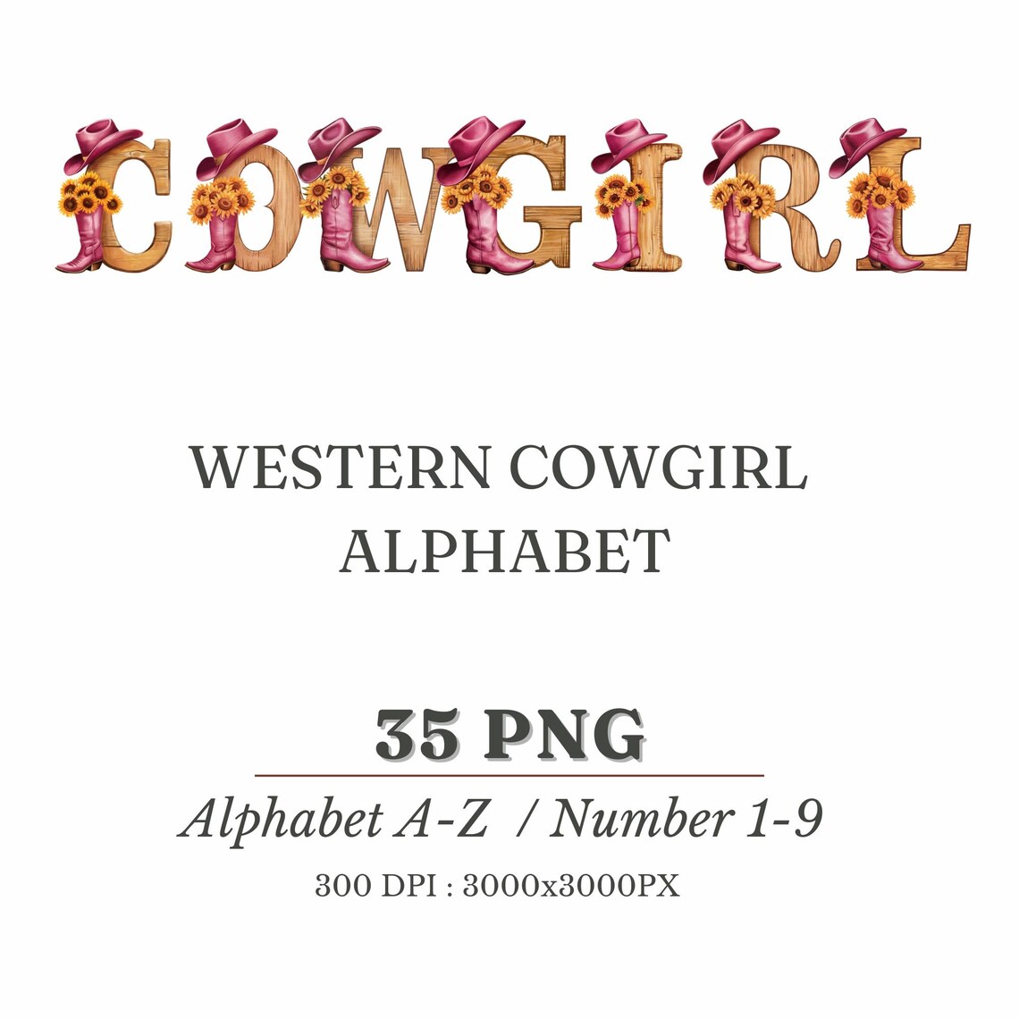 Cowgirl Alphabet Clipart: Pink Boots, Sunflowers, Western Font (PNG ...