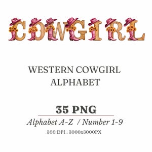 Cowgirl Alphabet Clipart: Pink Boots, Sunflowers, Western Font (PNG ...