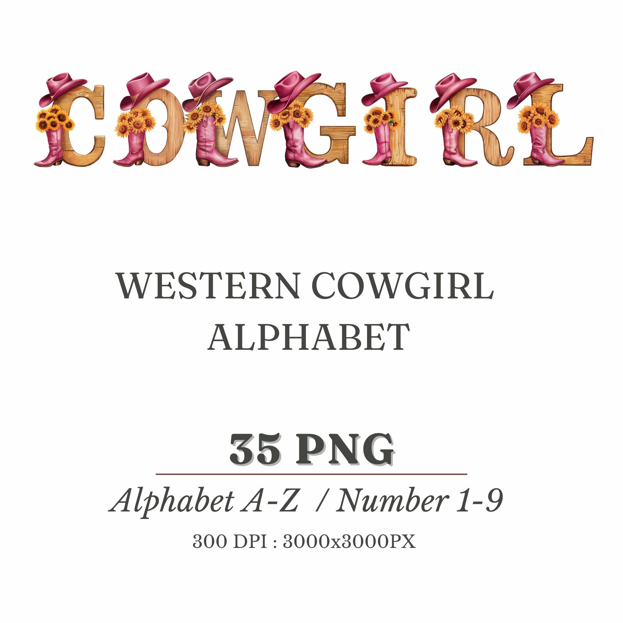 Cowgirl Alphabet Clipart: Pink Boots, Sunflowers, Western Font (PNG ...