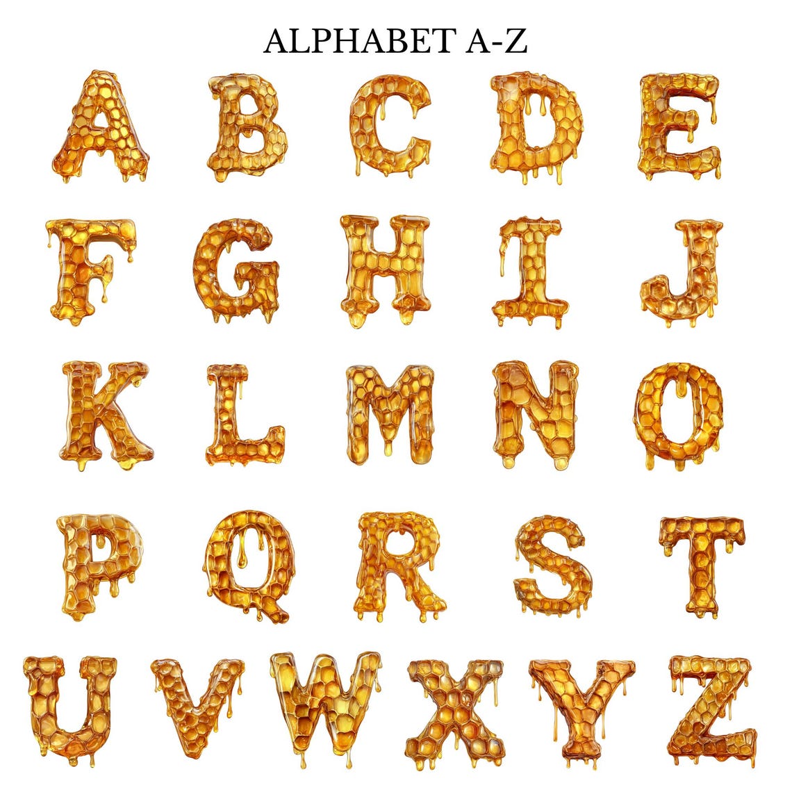 Honeycomb Alphabet A-Z & Numbers 1-9 Clipart, Dripping Honey Letter ...