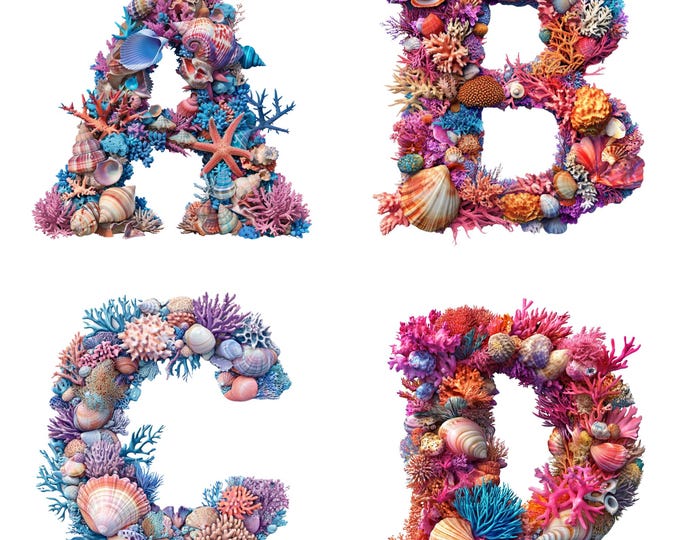 Ocean-themed Alphabet Clipart Set - Seashells & Coral Letters - Marine ...