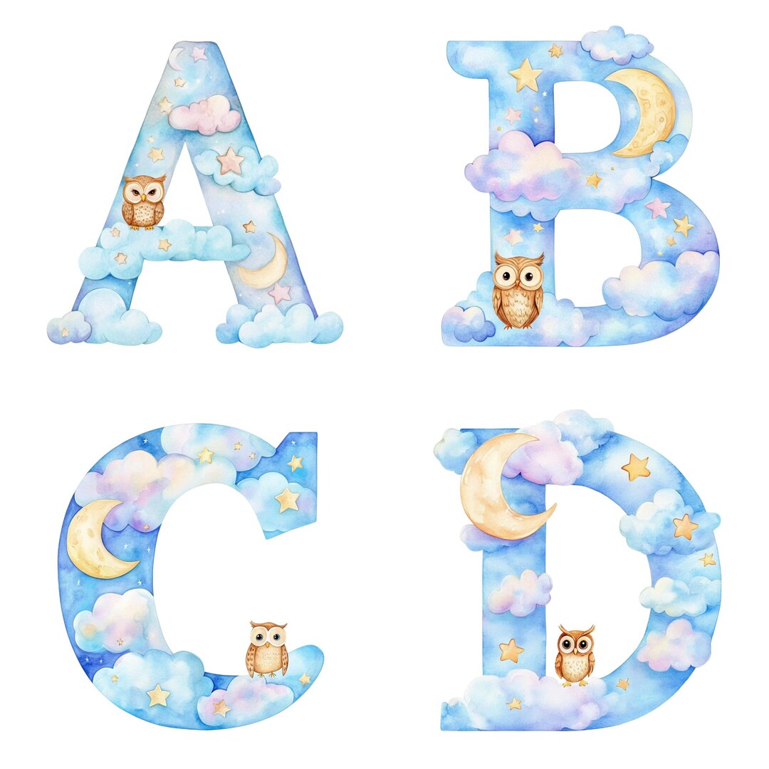 Night Sky Alphabet Clipart: Moon, Stars, Owl (PNG Digital Download) - Etsy