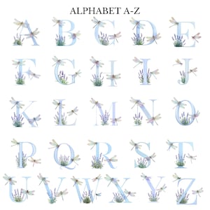 Dragonfly Alphabet Letters A-Z & Numbers 1-9 Clipart, Lavender Floral ...