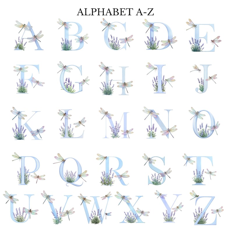 Dragonfly Alphabet Letters A-Z & Numbers 1-9 Clipart, Lavender Floral ...