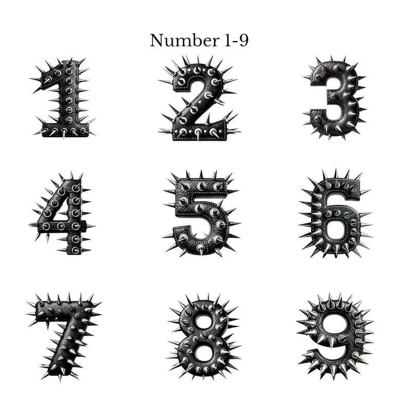 Punk Rock Alphabet Clipart A-Z, Numbers 1-9, 300 DPI PNG, Spiked ...