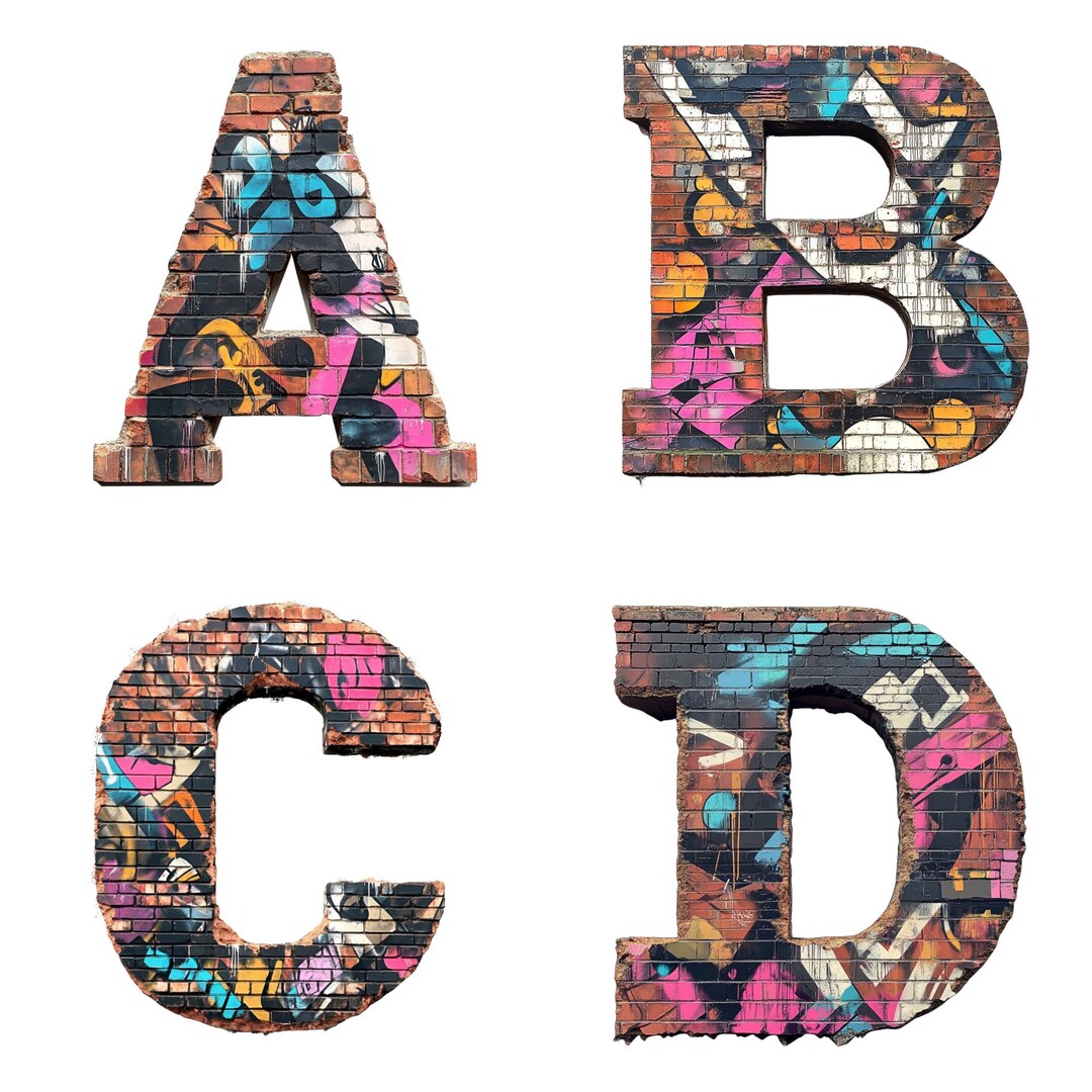 Graffiti Brick Alphabet Clipart A-Z 1-9, 3D Brick Letters & Numbers ...