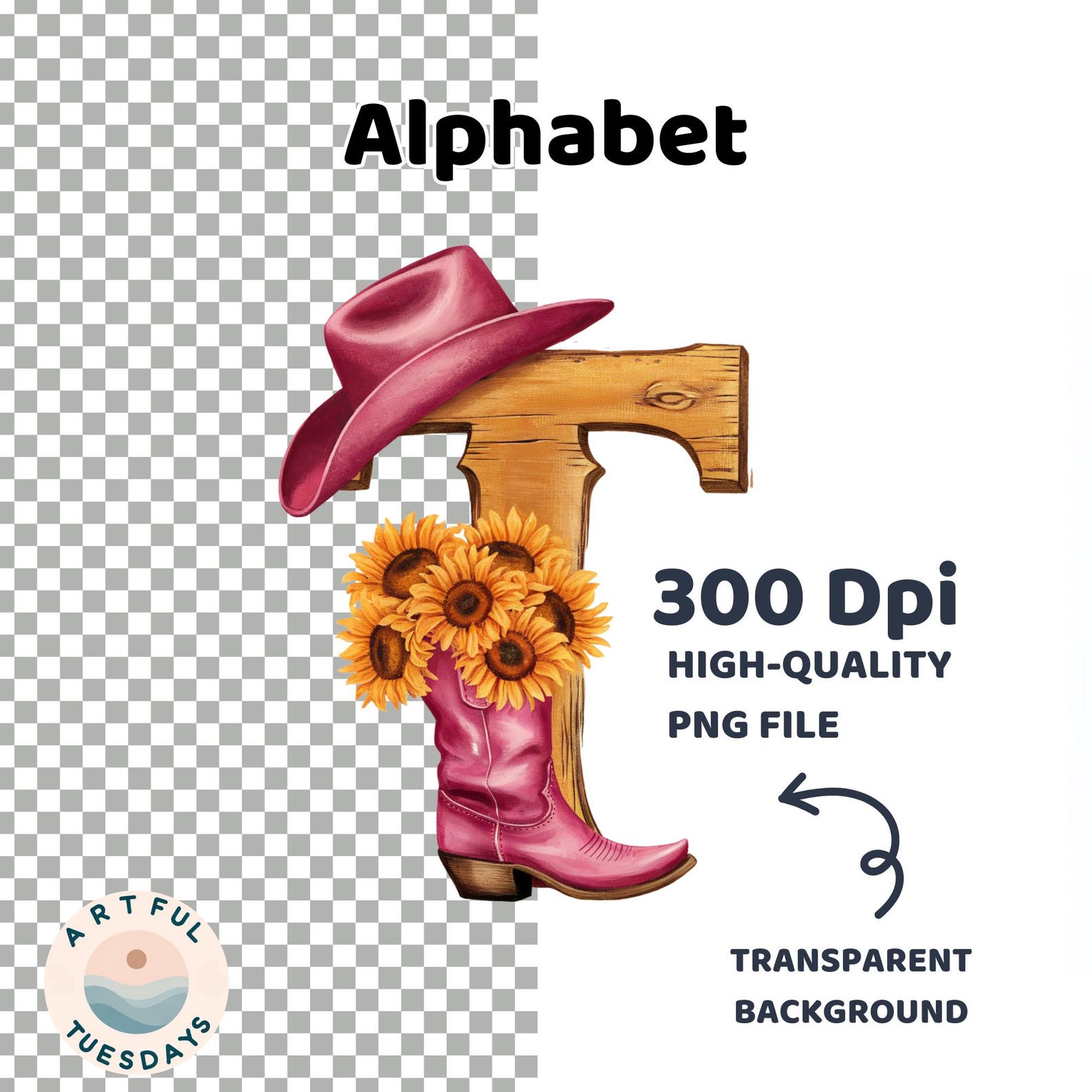Cowgirl Alphabet Clipart: Pink Boots, Sunflowers, Western Font (PNG ...