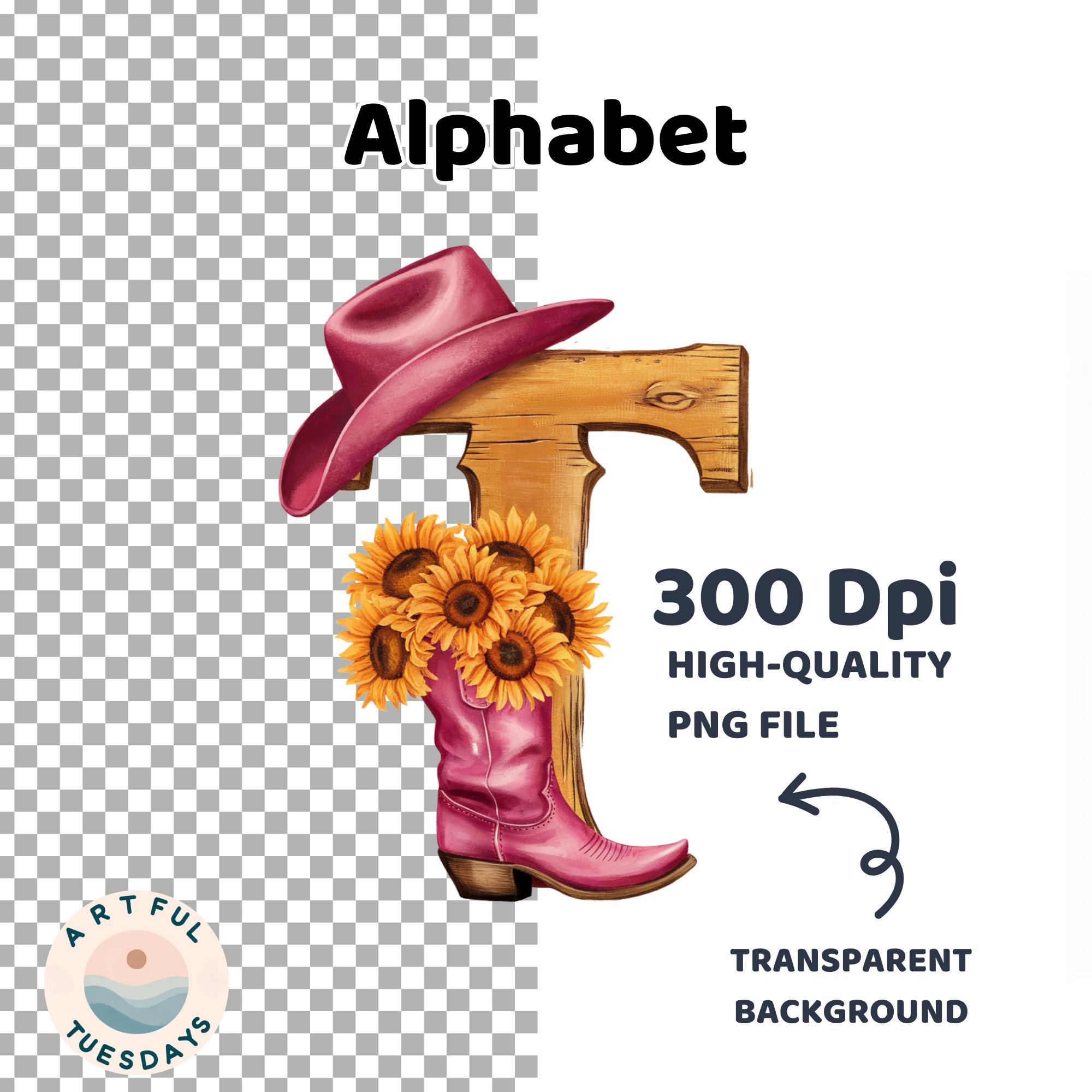 Cowgirl Alphabet Clipart: Pink Boots, Sunflowers, Western Font (PNG ...