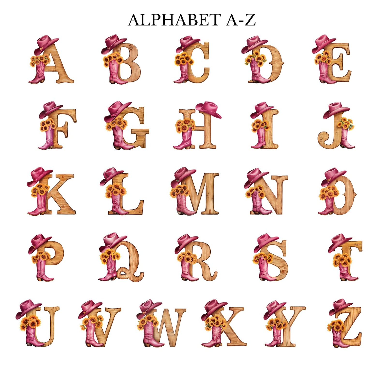 Cowgirl Alphabet Clipart: Pink Boots, Sunflowers, Western Font (PNG ...