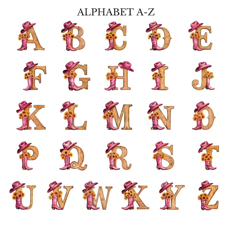 Cowgirl Alphabet Clipart: Pink Boots, Sunflowers, Western Font (PNG ...