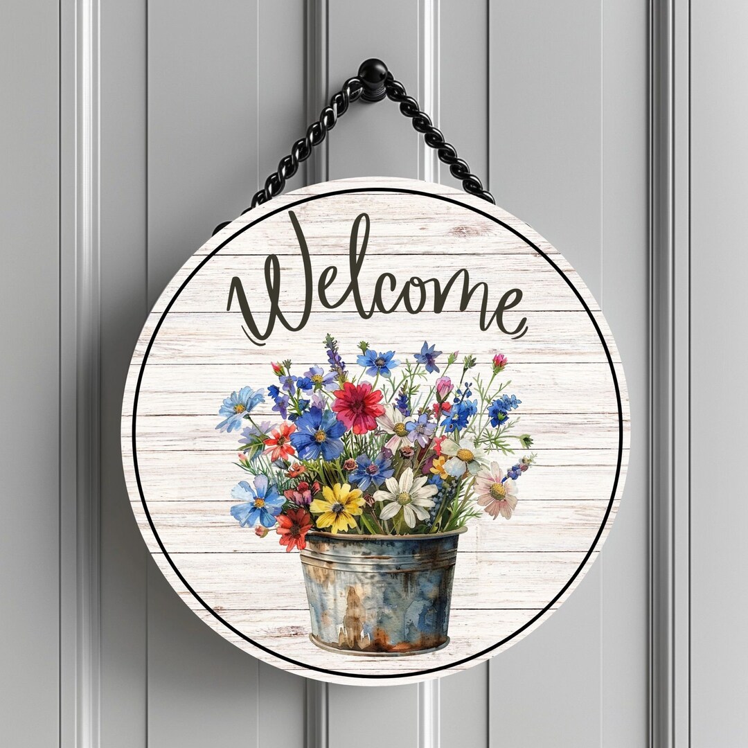 Welcome Wildflower Bucket Door Hanger - Rustic Tin & Floral Watercolor ...