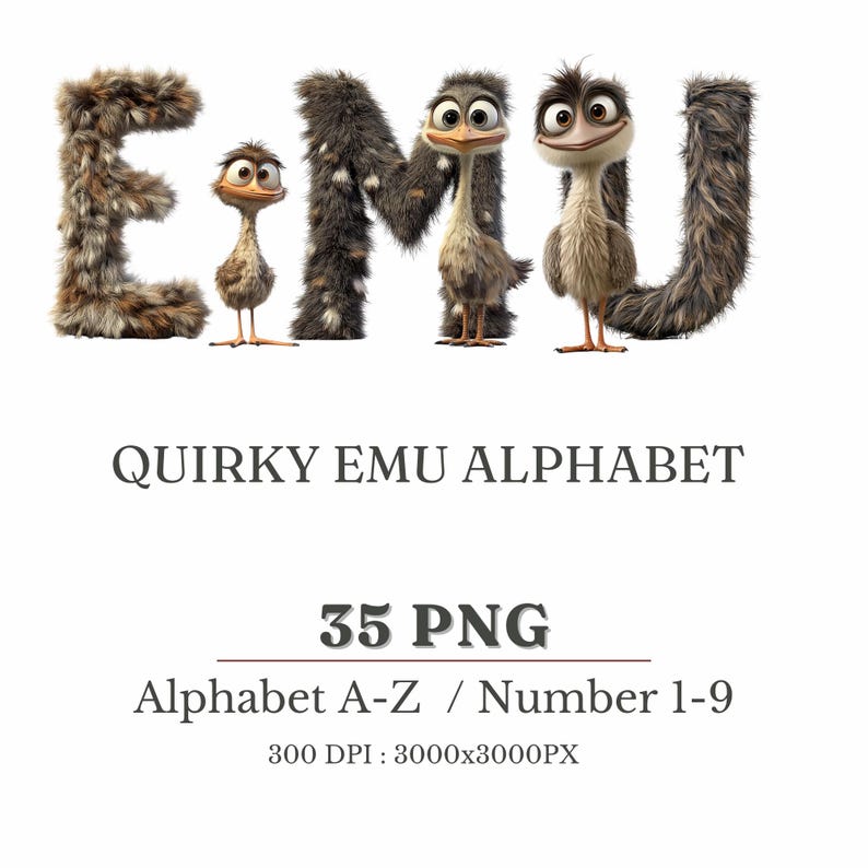 Quirky Emu Alphabet Clipart A-Z & Numbers 1-9, Furry Textured Letters ...