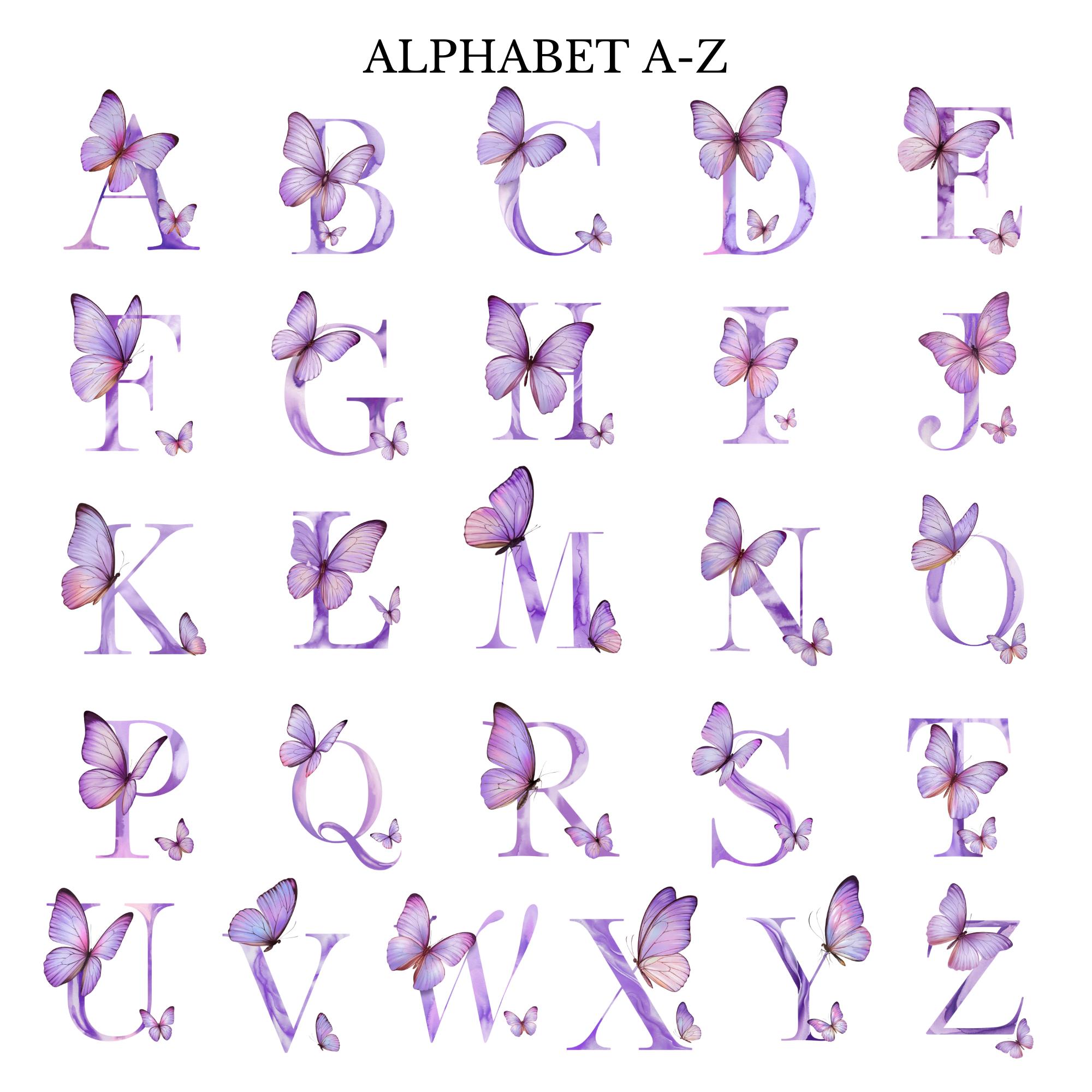 Purple Butterfly Alphabet Clipart: Watercolor Letters & Numbers ...