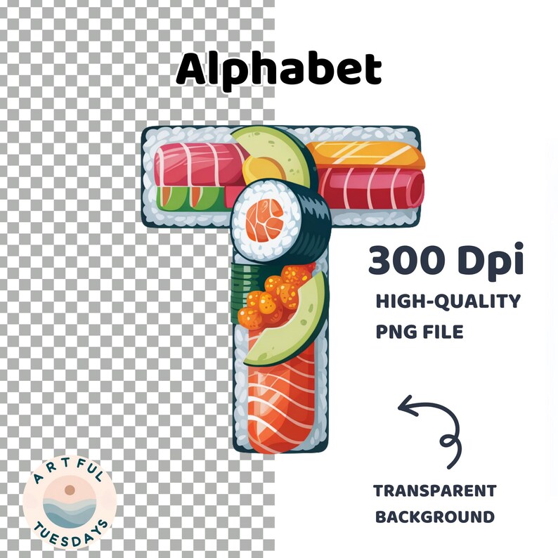 Sushi Alphabet Clipart: A-Z & 1-9 Kawaii Japanese Food Letters (300 DPI ...