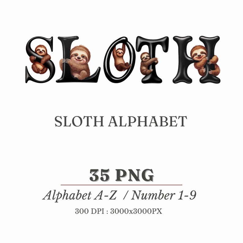 Sloth Alphabet PNG: Jungle Animal Font, Nursery Art (digital Download ...