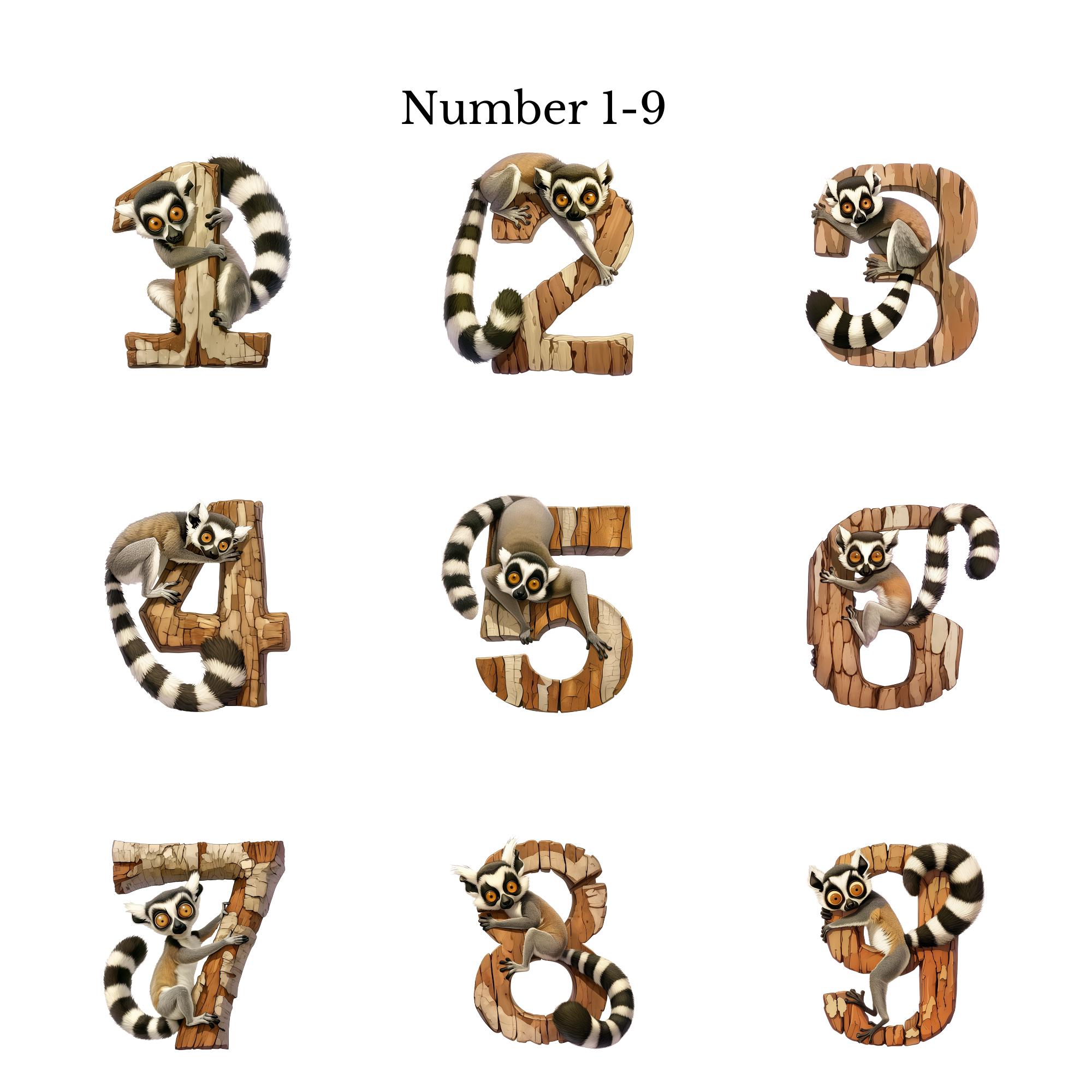 Lemur Jungle Alphabet Clipart A-Z & Numbers 1-9, Cartoon Animal Letters ...