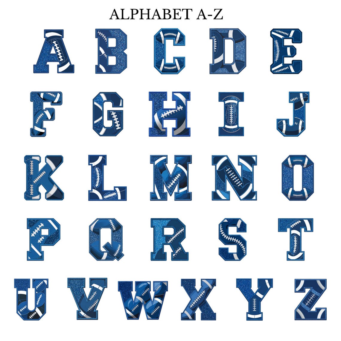 Blue Football Alphabet & Numbers: Glitter Faux Stitch PNG Clip Art ...